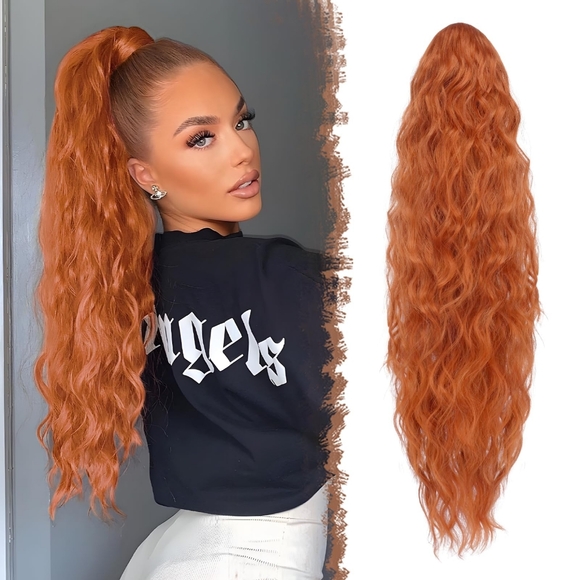 Hair | Copper Red Long Ponytail Extension 26 Wavy Drawstring Clipin ...